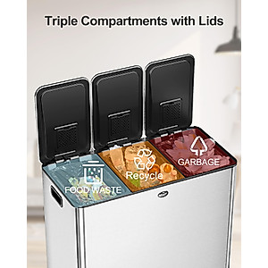 DEXSO Large Trash Can with Lid - 24 Gallons Foot Step Stainless Steel Triple 8-Gallon Compartments Trash and Recycle Bin Combo Garbage Can