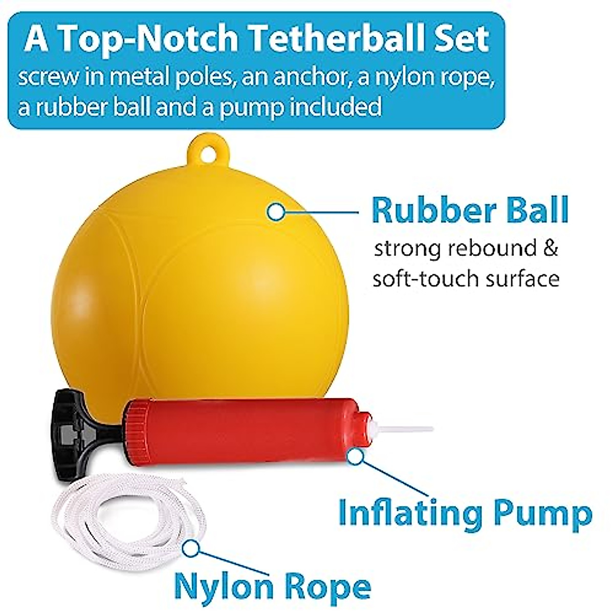 Tetherball Ball and Rope Set Pole Equipment, Probable Tether Balls Set with Heavy Duty Anchor for Peach Sand, Backyard, Playground, 2.8-8.7 FT Height Adjustable Metal Pole, Soft Paddled Rubber Ball