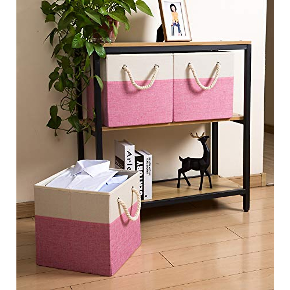 PRANDOM Large Foldable Cube Storage Bins 13x13 inch [4-Pack] Fabric Linen Storage Baskets Cubes Drawer with Cotton Handles Organizer for Shelves Toy Nursery Closet Bedroom Pink