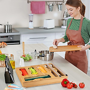 HEROPIE 6 IN1 Bamboo Foil and Plastic Wrap Dispenser with Cutter for Kitchen Drawer, Storage Bag Organizer, Compatible with Gallon, Quart, Sandwich and Snack Variety Size Bags (Bamboo)