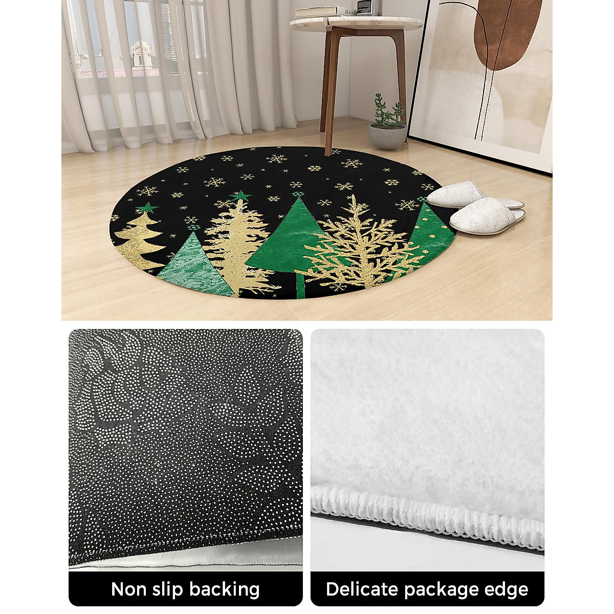 Christmas Black Fluffy Round Area Rug Carpets 3ft, Plush Shaggy Carpet Soft Circular Rugs, Non-Slip Fuzzy Accent Floor Mat for Living Room Bedroom Nursery Home Decor Xmas Tree Geometric Green Gold
