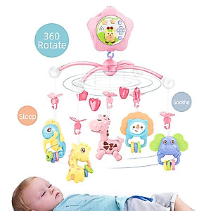caterbee Baby Crib Mobile for Pack and Play, Crib Toys with Light and Musicial, Remote,Projector for Ages 0+ Months (Pink-Forest)