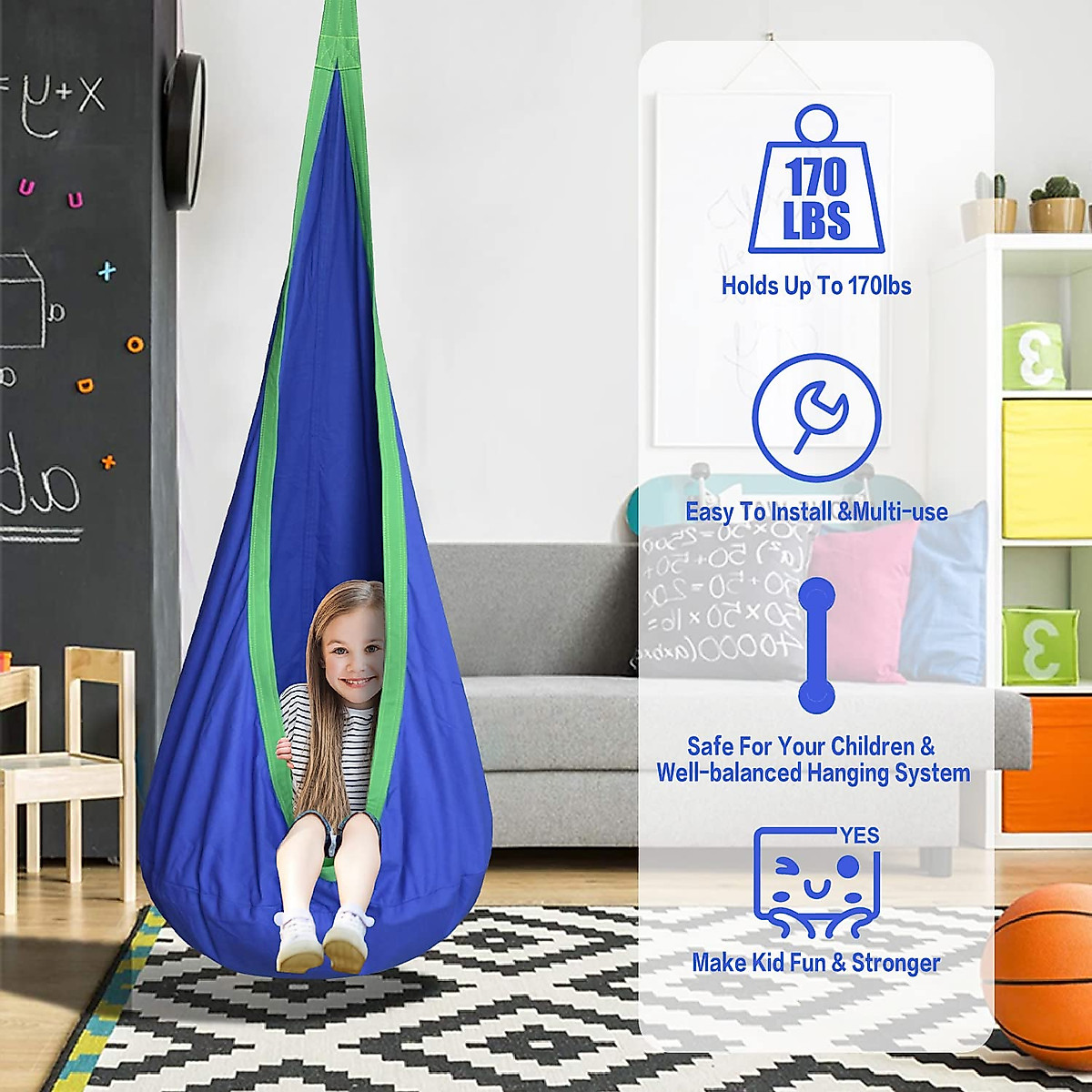 Grassman Pod Swing for Kids, Sensory Swing Indoor, Hanging Hammock Chair with Inflatable Pillow Hardware Kits Air Pump, Hanging Swing Chair for Bedroom Easy to Install, for Indoor Outdoor Use Blue