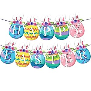 Happy Easter Paper Hanging Banner, Easter Sign Wall Decoration with Shape of Cute Colorful Rabbits and Eggs for Indoor and Outdoor Decorations