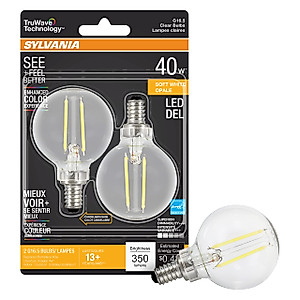 SYLVANIA LED TruWave Natural Series Décor Globe G 16.5 Light Bulb, 40W Equivalent, Efficient 4W, Candelabra Base, Dimmable, 350 Lumens, 2700K, Clear, Soft White - 2 Pack (40784)