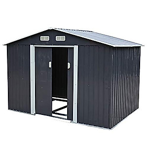 6.3' x 9.1’ Large Outdoor Storage Shed, Sturdy Utility Tool Lawn Mower Equipment Organizer for Backyard Garden w/Gable Roof, Lockable Sliding Door, Vents, Floor Frame - Grey