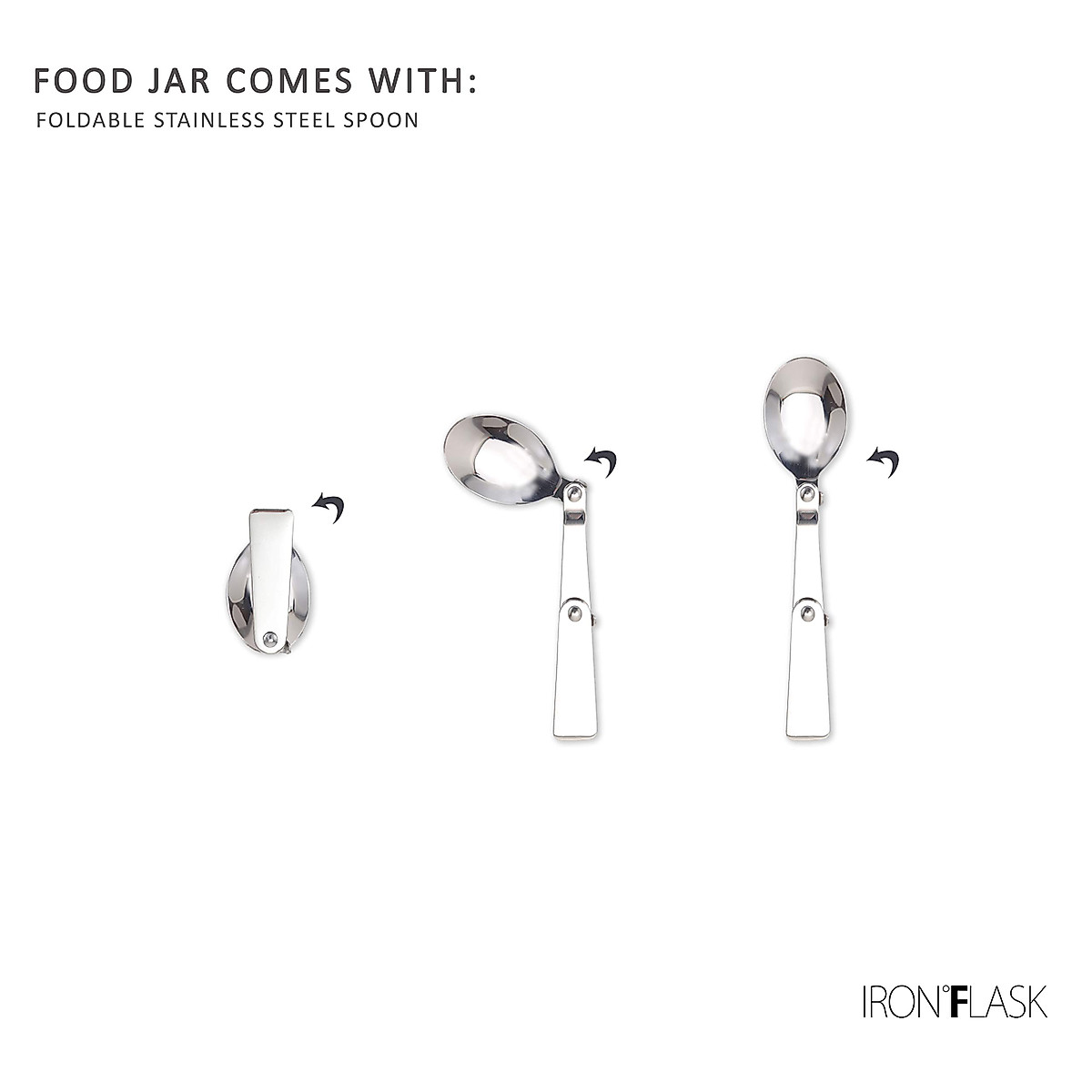 IRON °FLASK Food Jar - 16 Oz, Foldable Spoon, Leak Proof, Vacuum Insulated Thermo, Stainless Steel, Storage Lunch, Container, Canteen, Double Walled, Portable Food Bowl