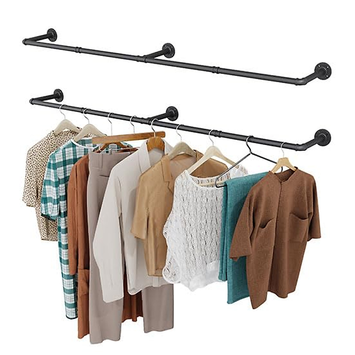 OROPY Clothes Rack, 65.7" Industrial Pipe Clothing Rack 2 Pack for Clothes, Wall Mounted Heavy Duty Space Saving Garment Rack for Closet Storage, Black, 3 Base