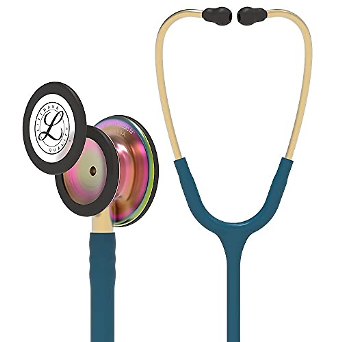 3M Littmann Classic III Monitoring Stethoscope, Rainbow-Finish, Caribbean Blue Tube, 27 Inch, 5807 & 40007 Stethoscope Identification Tag, Black