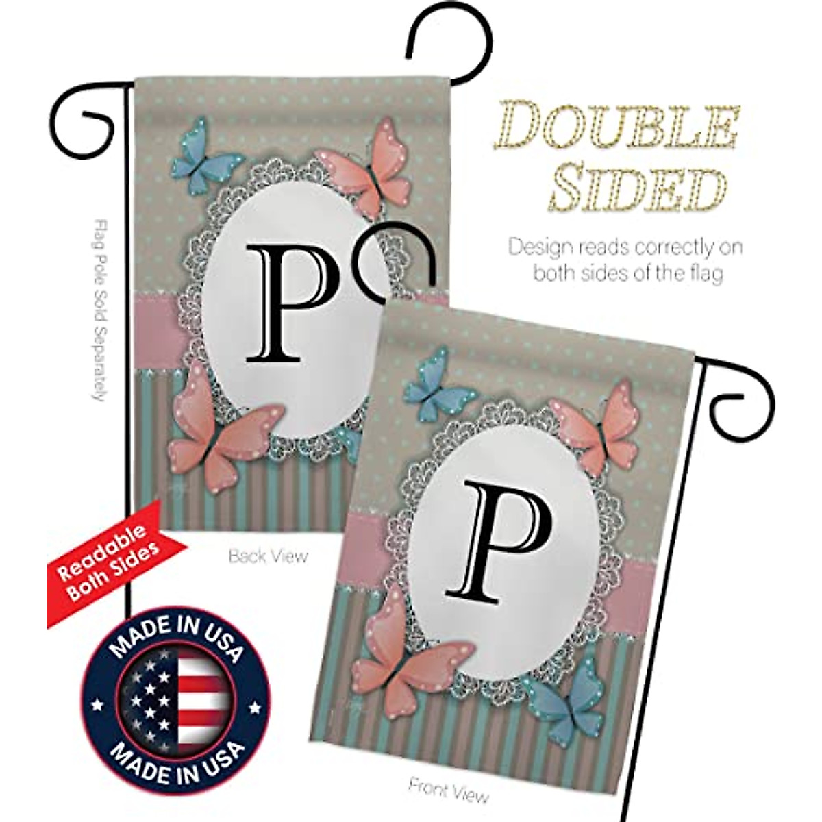 Breeze Decor P Initial Garden Flag Set Wall Hanger Monogram Friends Bugs & Frogs Butterfly Ladybugs Dragonfly Bee Springtime Insect Natural Wildlife House Yard Gift Double-Sided, Made in USA