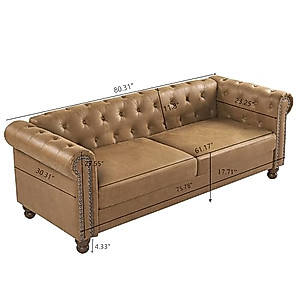 Lunanniu 80.31" Chesterfield Tufted Fabric Sofa 3 Seat Capacity High Tech Fabric Rolled Arm Nailhead Trim Thick Cushion Deep Seat Button Tufted Back Classic for Living Room Apartment Brown