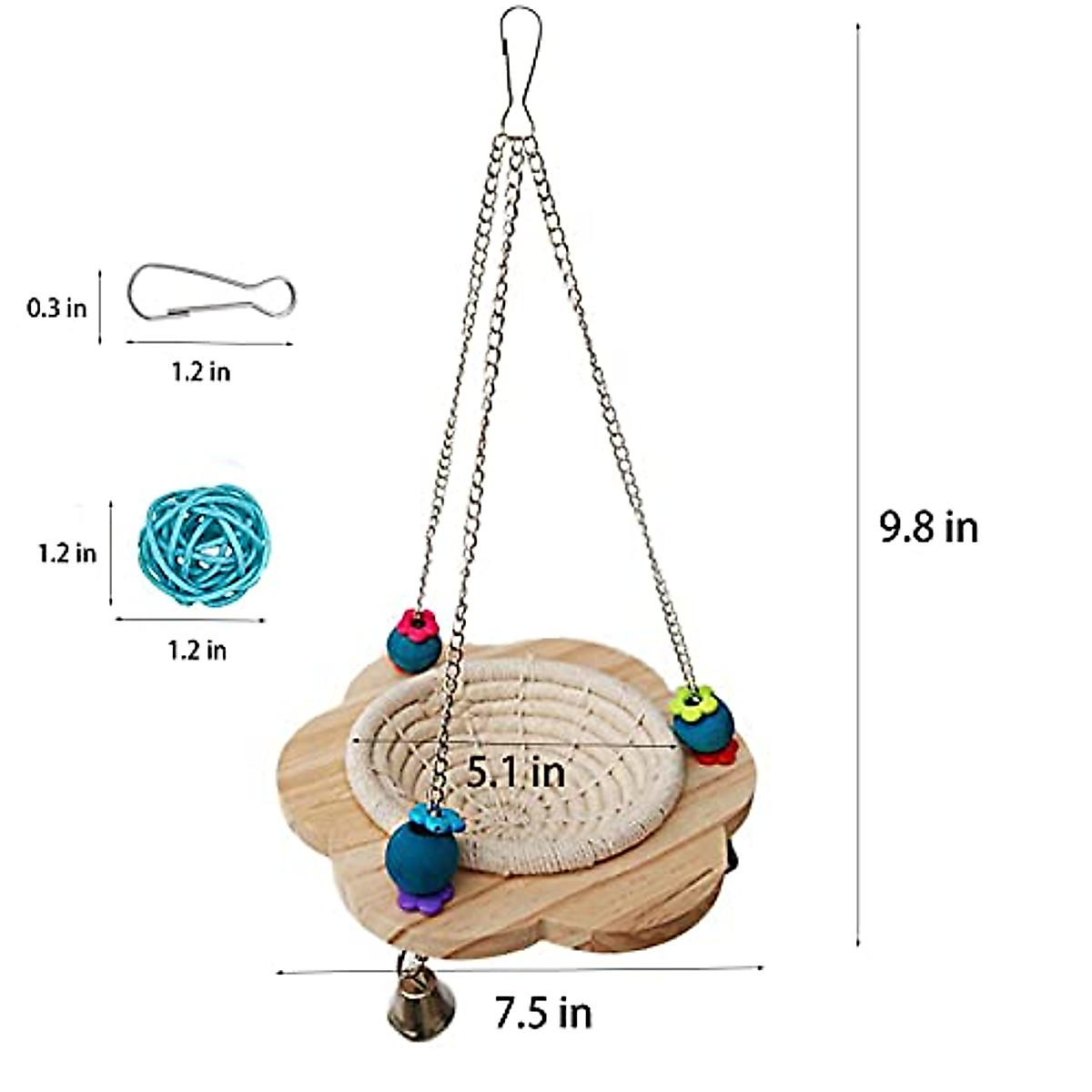 Diaertiny Hanging Bird Nest Parrots Bed with Colorful Swing Wooden Bracket Nibble Toys and Bells Handmade Cotton Hemp Rope for Parakeet Conures Finch Budgie Lovebird (Cotton Rope)