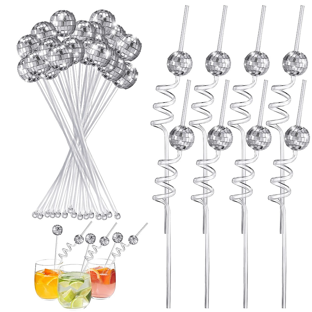 Ferraycle 24 Pcs Disco Ball Straws and Disco Ball Stirrers 70s Disco Party Supplies Mirror Disco Decorative Straws for Disco Ball Party Decorations Bar Karaoke Birthday Wedding Christmas Decoration