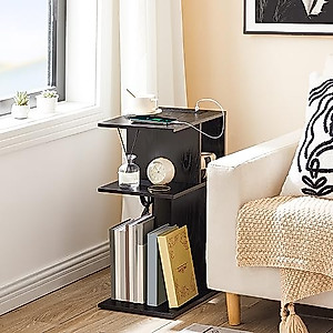 MAHANCRIS End Table with Charging Station and Black Beside Table, Narrow Side Table for Small Spaces, White Slim Nightstand with Light, Beside Table,for Bedroom, Living Room ETWT18E01Z-ETHB78E01