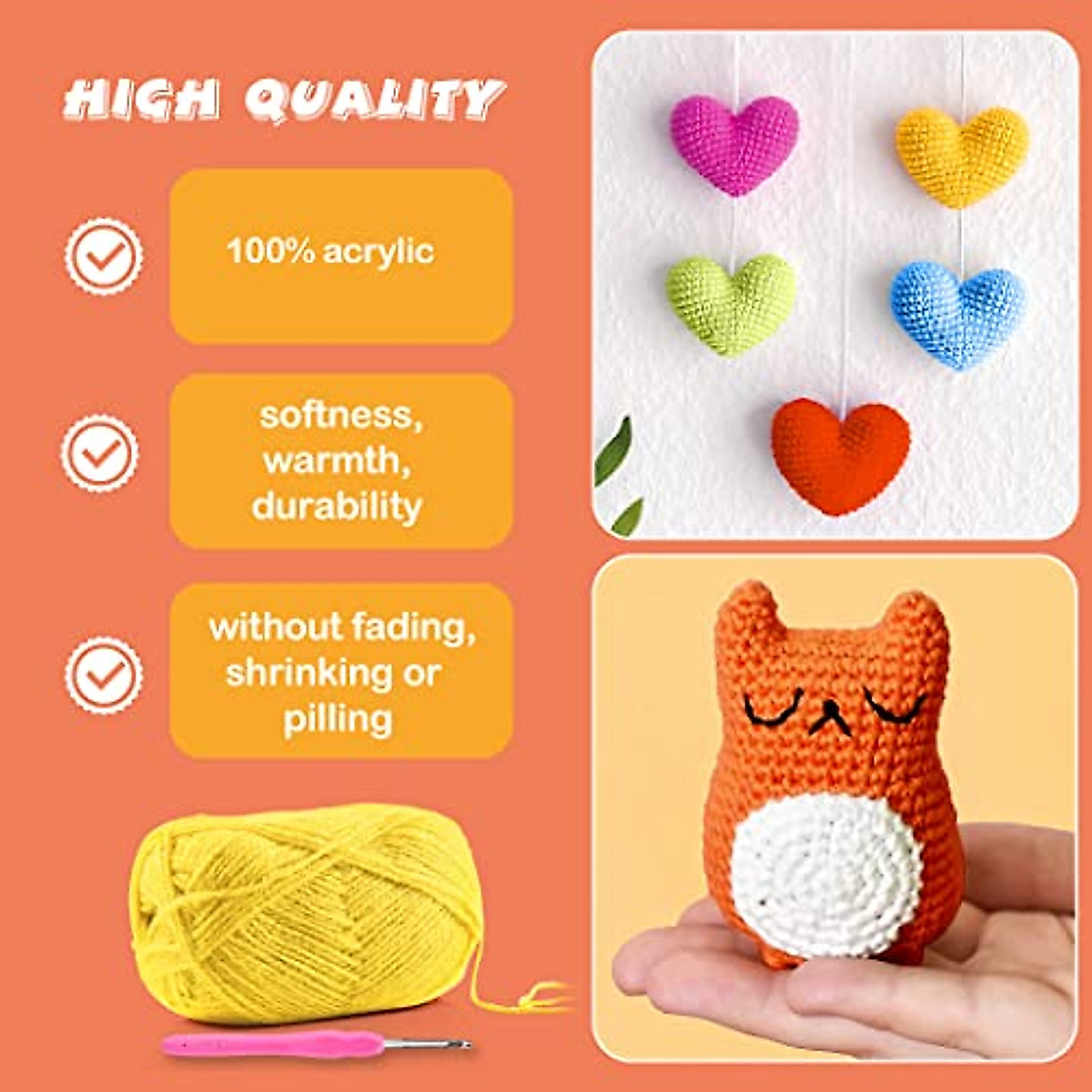 CACOE 6PCS Acrylic Yarn Skeins with Crochet Kit -6x50g 660 Yards of Craft Yarn for Knitting and Crochet,Yarn for Crocheting Beginners and Professional,Starter Pack for Adults(Rainbow - 6 Colors)