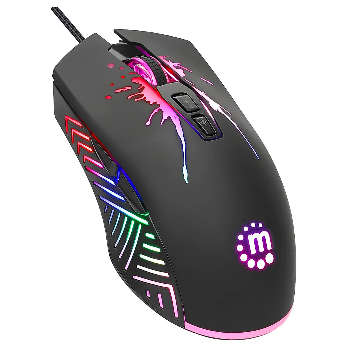 MANHATTAN Wired RGB Gaming Mouse – Long 5 ft Braided USB Cable, 7200 DPI, Ergonomic Gamer Optical Mouse with Light Up LED -for Windows PC and Laptop Computer- Black – 3 Yr Mfg Warranty –190121