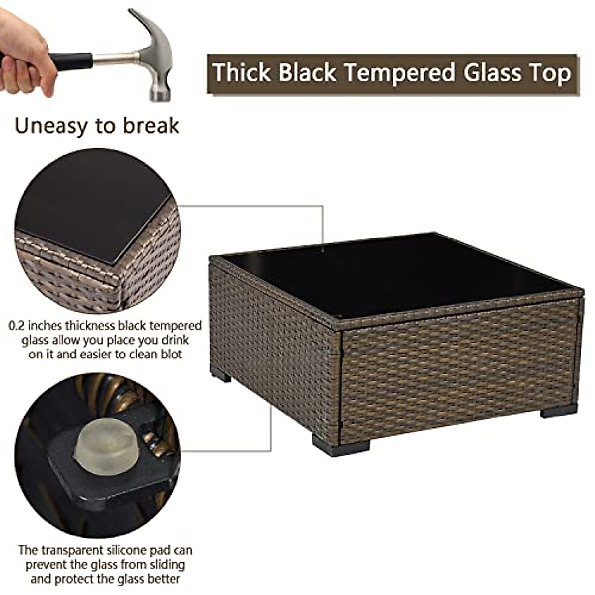 7 Pieces Outdoor Patio Sectional Sofa Set,Brown Wicker Furniture Set, Washable Seat Cushions with Zippers and Tempered Glass Table, Maple Red Cushion