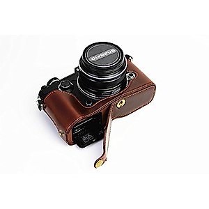Bottom Opening Version Protective PU Leather Half Camera Case Bag Cover with Tripod Design for Olympus Pen-F Camera with PU Leather Hand Strap Dark Brown