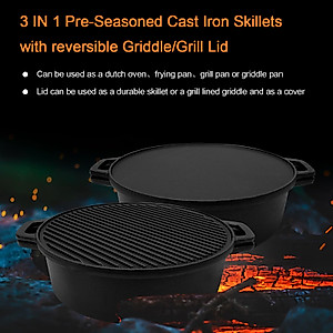GEDIAO 3IN1 Pre-Seasoned Cast Iron Pan With Reversible Grill Griddle Lid, Multi Cooker Deep Roasting Grill Pan, Dutch Oven with Lid, Non-Stick Open Fire Camping, 5.2QT