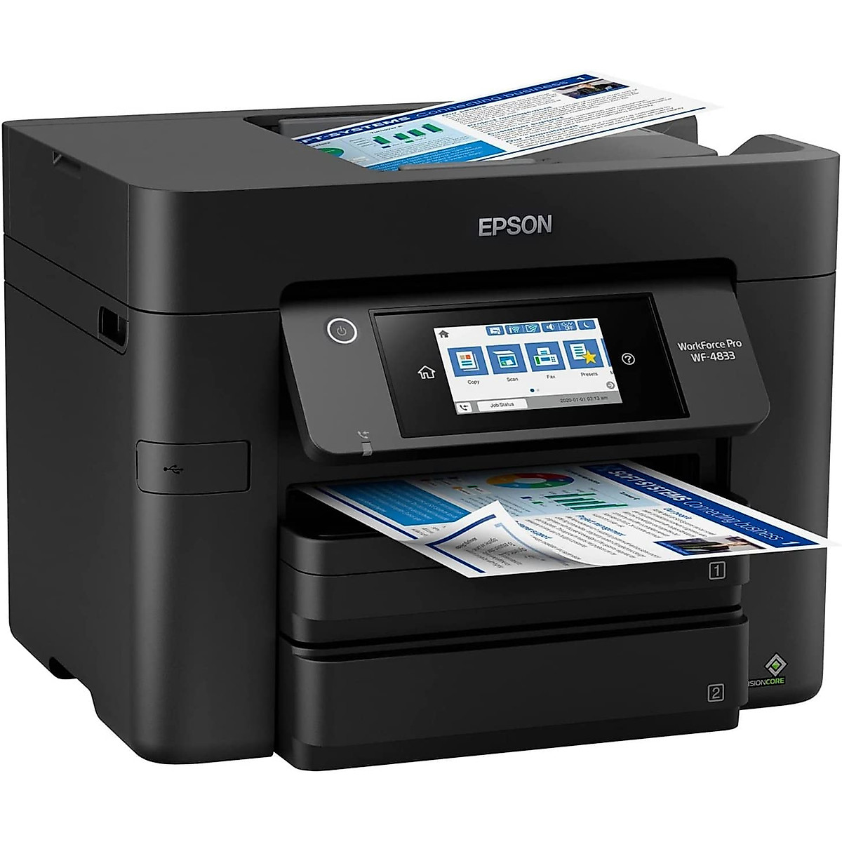 Epson Workforce Pro WF-4833 Wireless Color All-in-One Inkjet Printer, Black - Print Scan Copy Fax - 4.3" Touchscreen LCD, 25 ppm, 4800 x 2400 dpi, Auto 2-Sided Printing, 50-Sheet ADF, USB, Ethernet