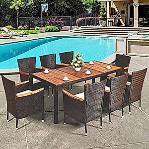 HAPPYGRILL 9 Pieces Patio Dining Set Outdoor Rattan Wicker Dining Set with Cushions, Garden Dining Table Chairs Set with Acacia Wood Table Top & Armrest