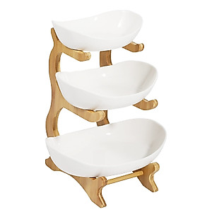 3 Layer Ceramic Fruit Plate,3 Tier Serving Platter Tray Kitchen,Porcelain Tiered Vegetable Serving Tray Dessert Appetizer Cake Dish with Wood Stand for Kitchen and Home,for Wedding Banquet
