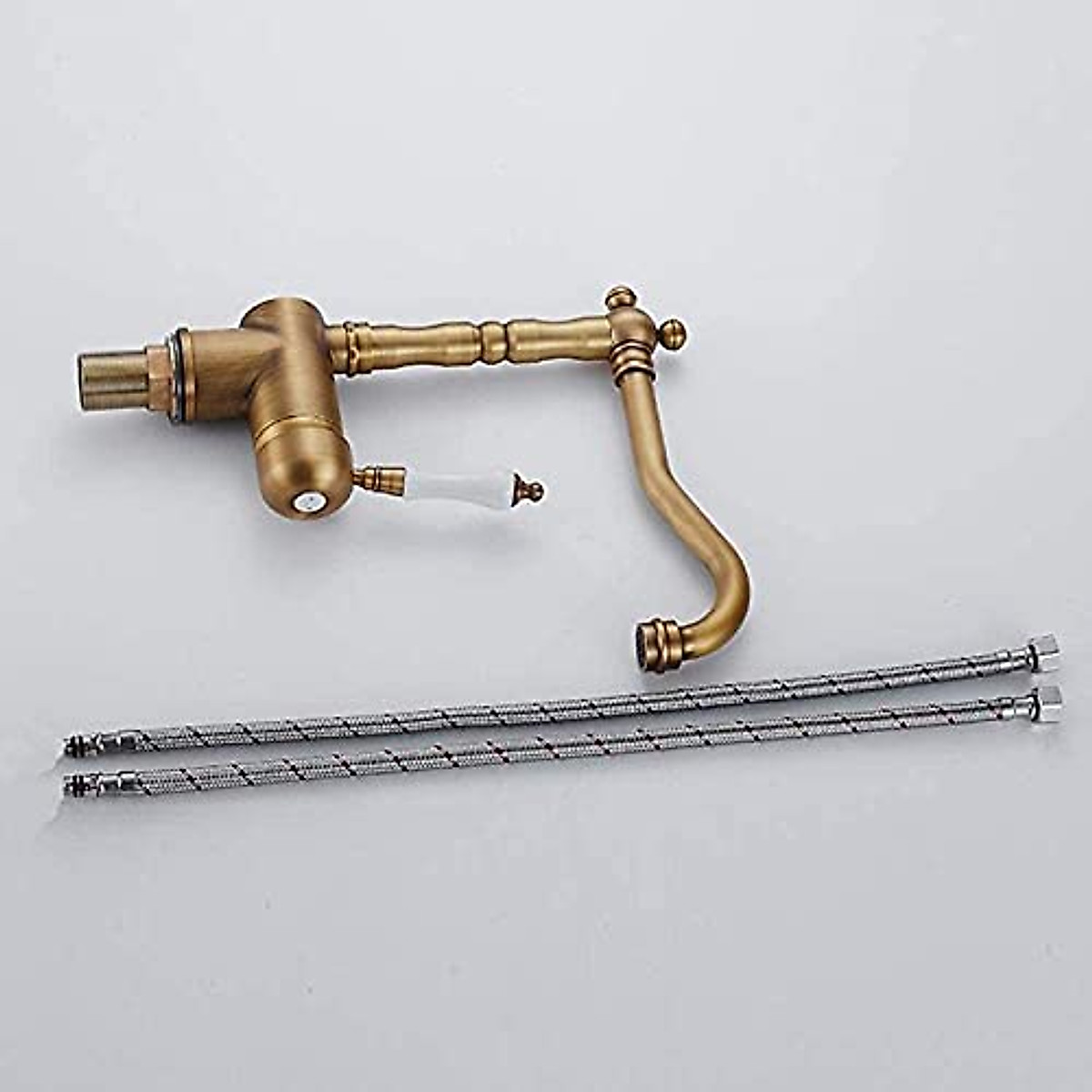 Kitchen Rotatable Washing Pool Hot and Cold Water Mixer Tap Antique Copper Drawing Sink Tap with Ceramics Handle Bathroom WC Bath Wash Basin Faucet