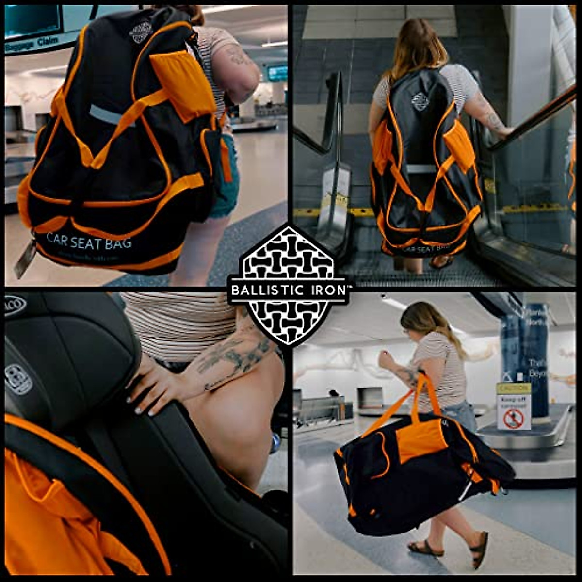 BALLISTIC IRON Heavy Duty Car Seat Travel Bag - Fits Convertible Car Seats, Infant Car Seats & Booster Seats - Carseat Cover For Airplane Travel - Carseat Travel Bag For Airplane - Car Seat Cover For Airplane Travel - Car Seat Bag - Car Seat Travel Bag Fo