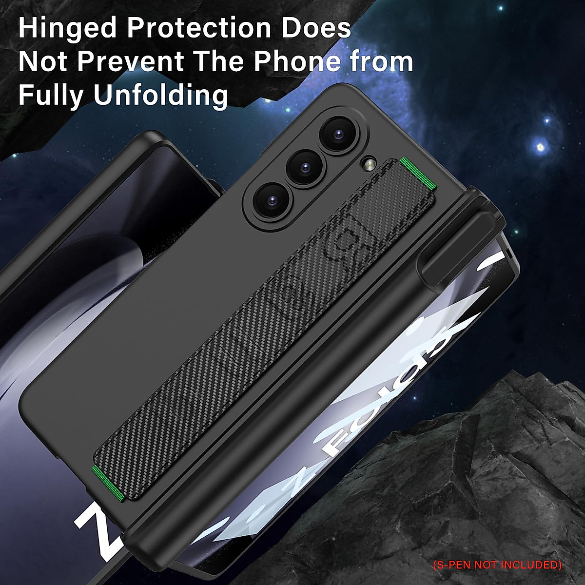 DEMCERT for Samsung Galaxy Z Fold 5 Case with [Fold5 Edition S-Pen Holder] [Wrist Band], Luxury PC Magnetic Shockproof Cover with Screen Protector for Samsung Galaxy Z Fold 5 5G (Carbon Fibre)