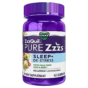 ZzzQuil PURE Zzzs De-Stress Melatonin Sleep Aid Gummies, Helps Calm Your Mind and Body, Ashwagandha for Stress Support, Sleep Aids for Adults, 1 mg per gummy, 42 Count