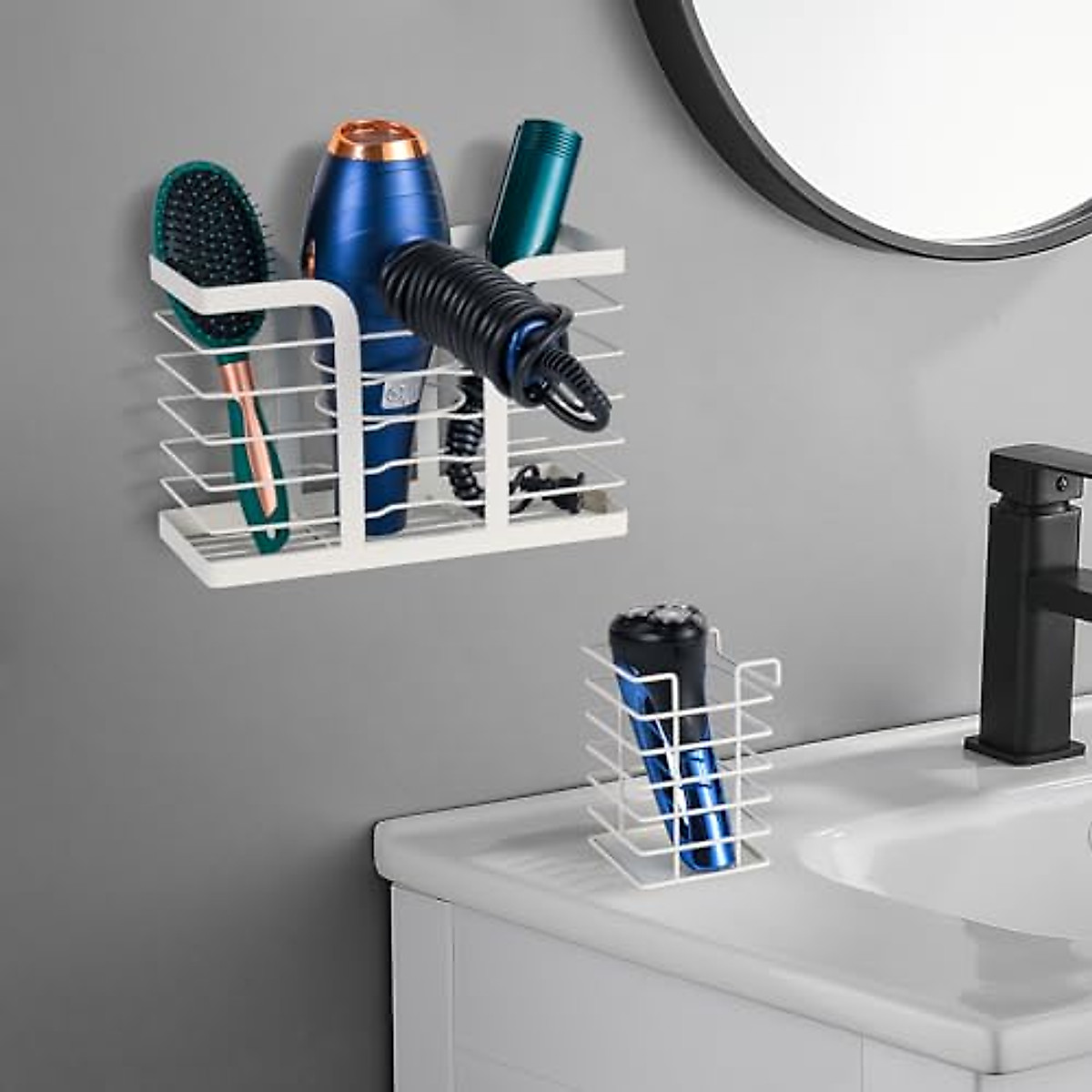 YUET Hair Dryer Holder Station/Wall Mounted, Hairdryer Stainless Steel Hair Tools Organiser, Hair Accessories Organiser Storage for Hair Brushes, Straightener, Flat Iron, Curling Wand (White)