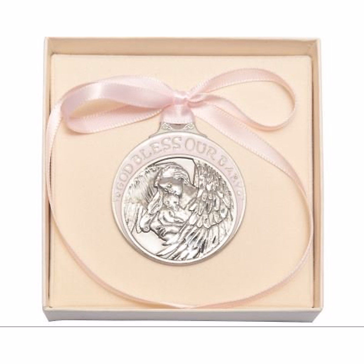 Baby with Guardian Angel Pewter Crib Medal with Pink Ribbon - Boxed.