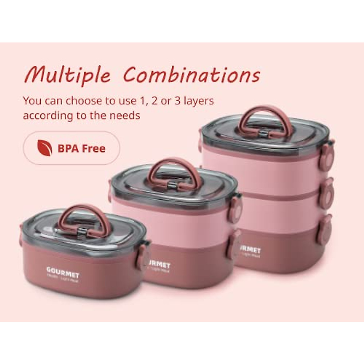 Bento Box Lunch Box, Adult Lunch Container with 3L Large Capacity, Microwave Safe 3 Layers Stackable Lunch Box, Food Container with Dividers and Sauce Boxes for Adults Pink