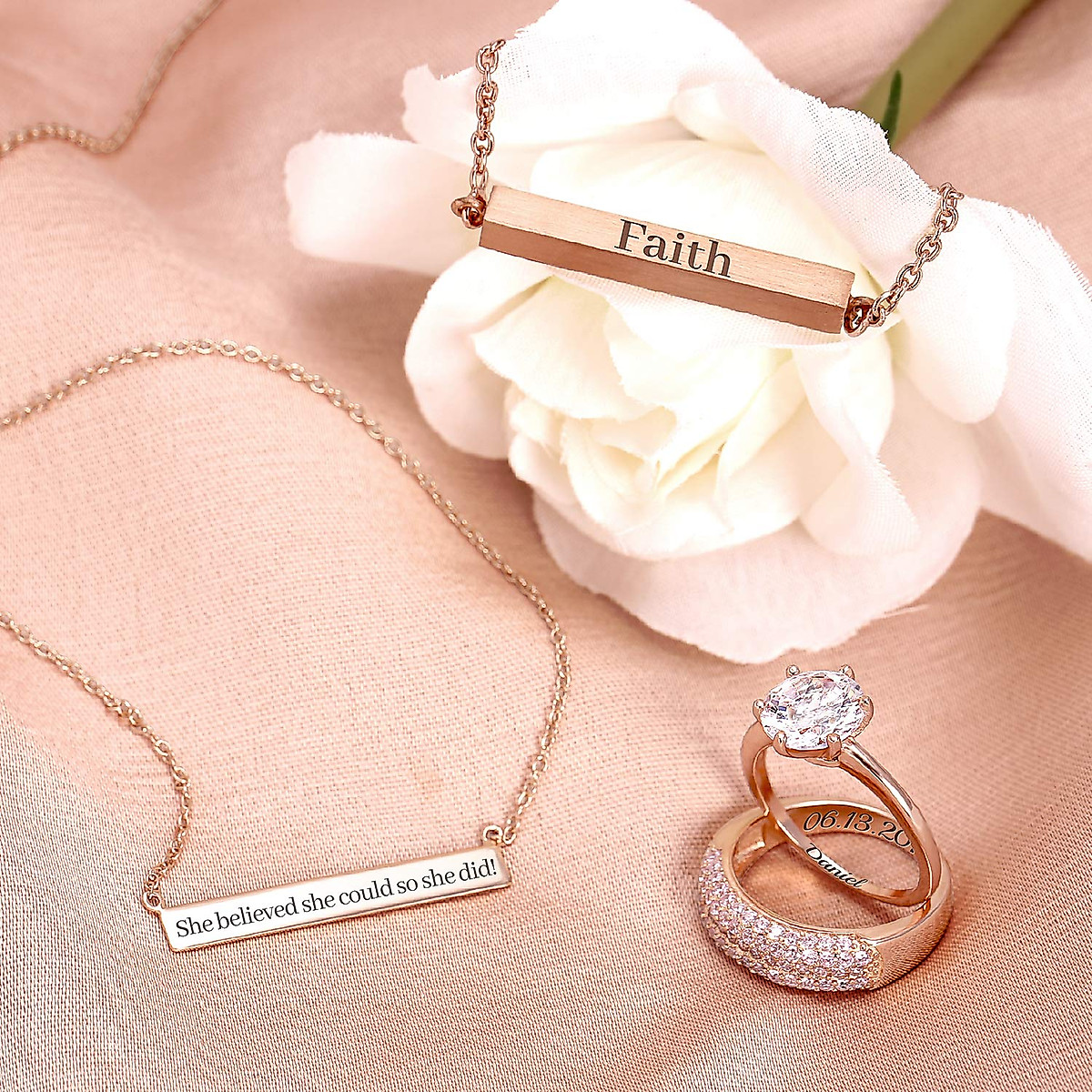 Personalized Micro Pave AAA Pink Cubic Zirconia Cocktail Anniversary CZ Pave Anniversary Statement 1/2 Eternity Wedding Band Ring For Women Rose Gold Plated .925 Sterling Silver Custom Engraved