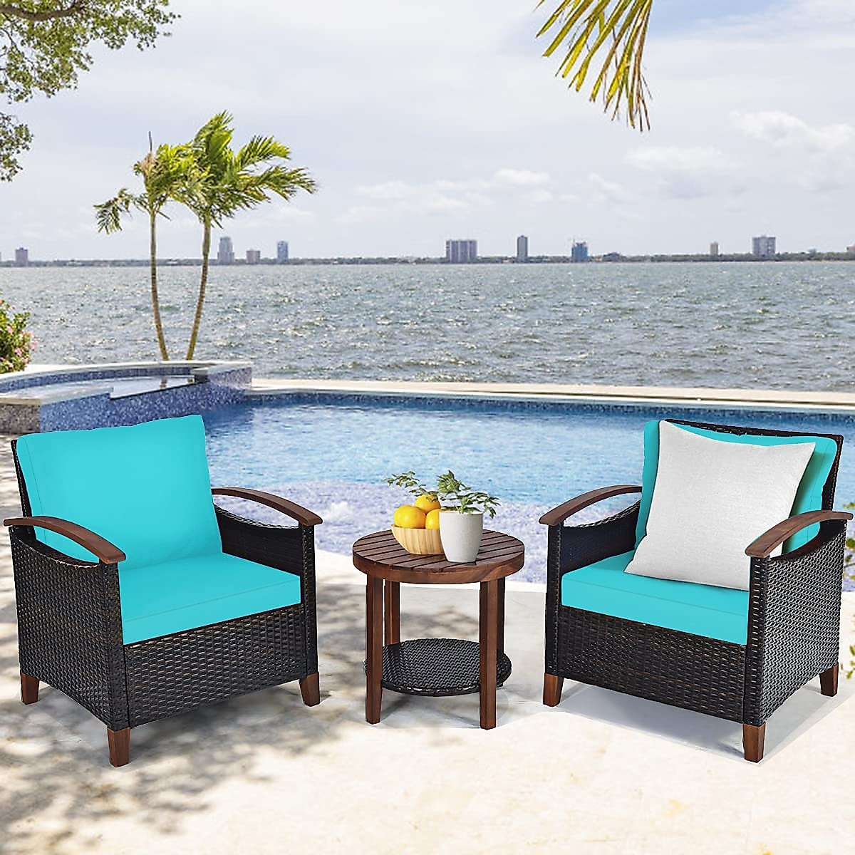 Tangkula 3 Pieces Patio Furniture Set, Outdoor Rattan Sofa and Side Table w/Solid Acacia Wood Frame, High Load Bearing Conversation Bistro Set w/Washable and Removable Cushions (Turquoise)