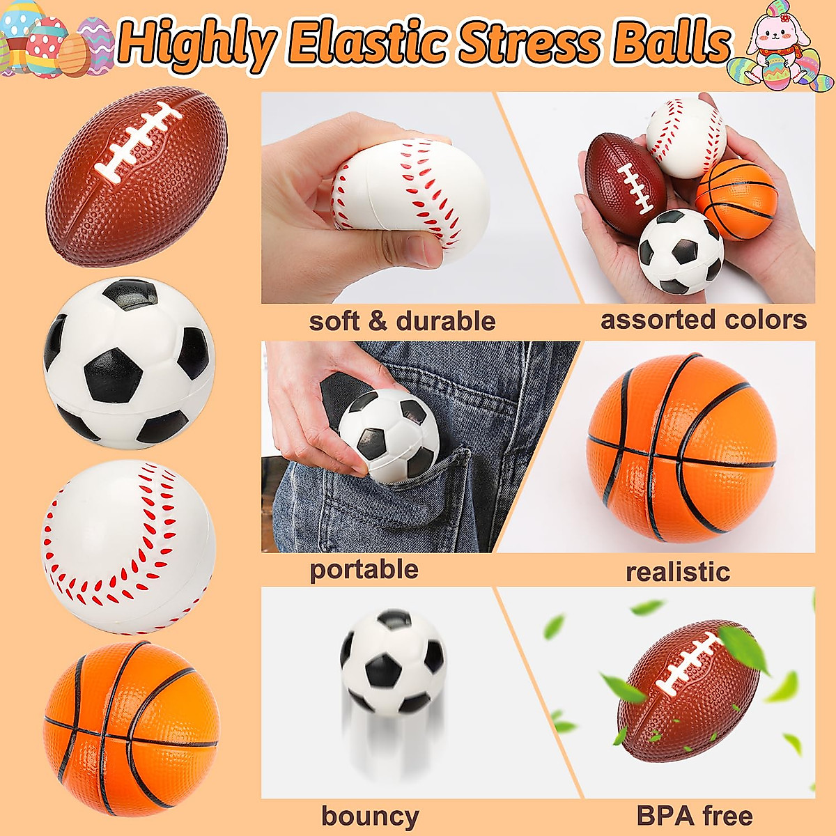16 PCS Stress Balls Foam Bouncy Balls Stress Relief Pinata Filler Goodie Bag Stuffers Gift Card Basketball Football Party Favors for 4-8 8-12 Treasure Box Toddler Bulk Toys Classroom Kids Prizes