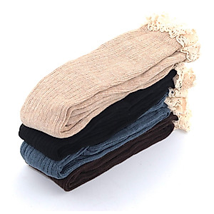 Vpogn 4 Pack Women Cotton Knit Boot Socks Knee High Socks Stockings with Lace Trim (Beige, Dark Grey, Black, Brown)