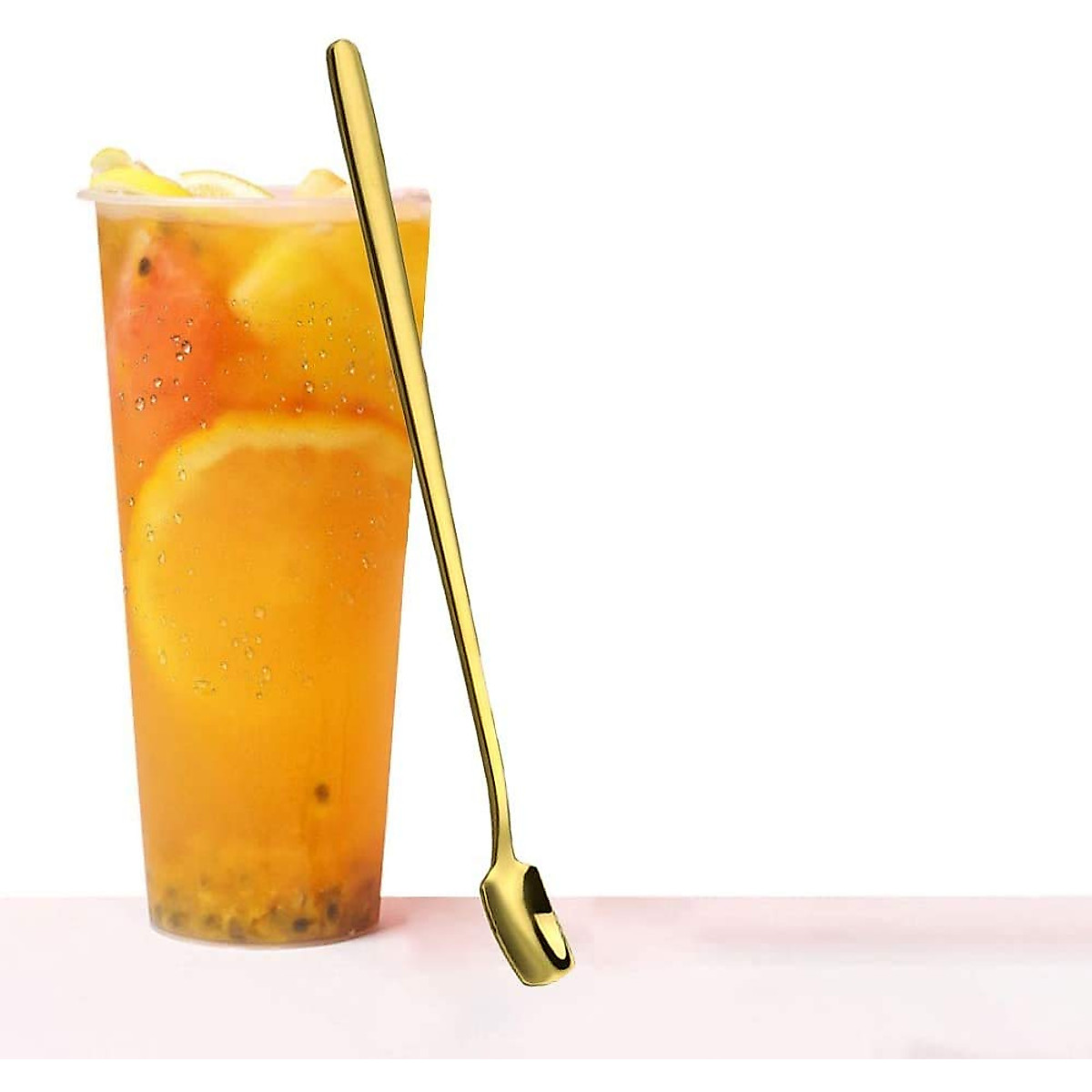 Long Handle Iced Teaspoon 8-Piece, Comicfs 7-Inch Stainless Steel Mixing Stirring Square Spoons for Cocktail Ice Cream Milkshake Cold Drink Ice Coffee (8 Spoons, Gold)