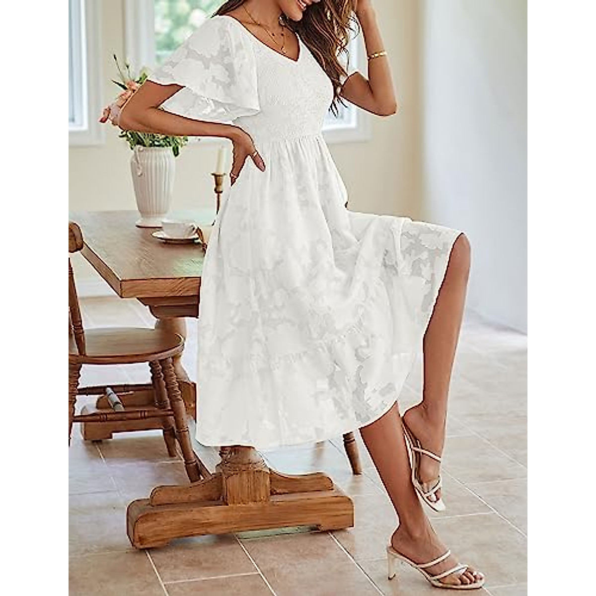 MEROKEETY Womens 2023 Summer V Neck Ruffle Sleeve Floral Dress Lace Flowy Smocked Midi Dresses,White,S