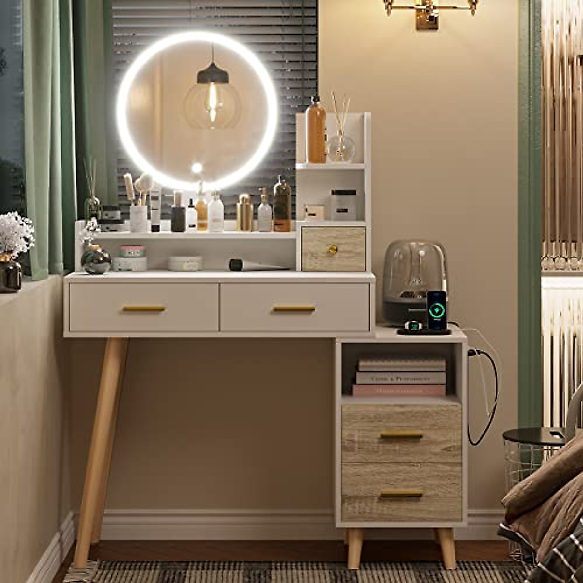 BTHFST Vanity Desk with Mirror, Lights, and Charging Station of 2 USB Ports, Outlets, Table with Drawers, Shelves, and Nightstand.