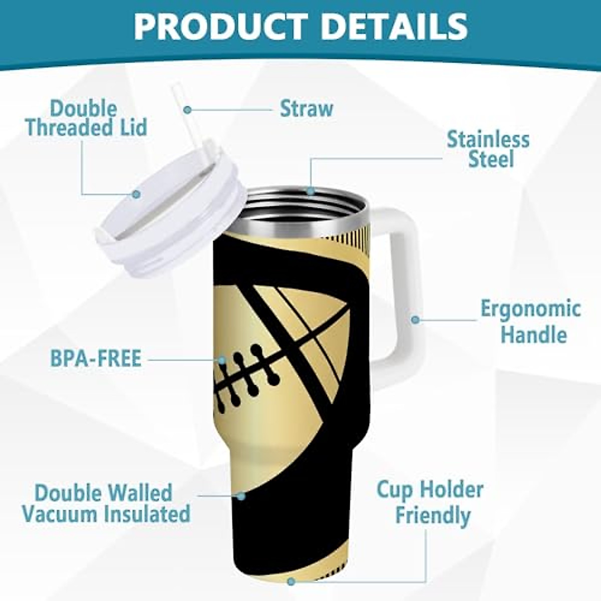 40 Oz Gold American Football Vacuum Insulated Tumbler with Lid and Straw Travel Coffee Tumbler
