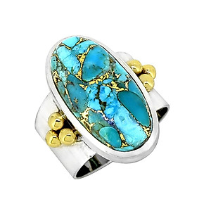 YoTreasure Blue Copper Turquoise Bold Ring .925 Sterling Silver with Brass Accents