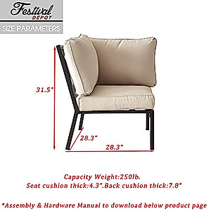 Festival Depot Dining Outdoor Patio Bistro Furniture Corner Chair Sofa Comfort & Soft 4.3" Cushions with Metal Slatted Steel Frame Legs for Garden Poolside All-Weather, 28.3(L)*28.3"(W)*31.5"(H)