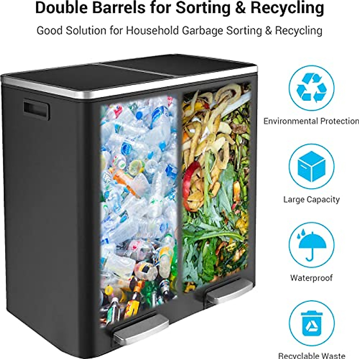 AthLike 60L(16 Gal) Dual Trash Can, Stainless Steel Kitchen Garbage Can, Double Compartment Classified Rubbish Bin, Recycle Dustbin w/Plastic Inner Buckets, Handle, Soft-Close Lid, Airtight