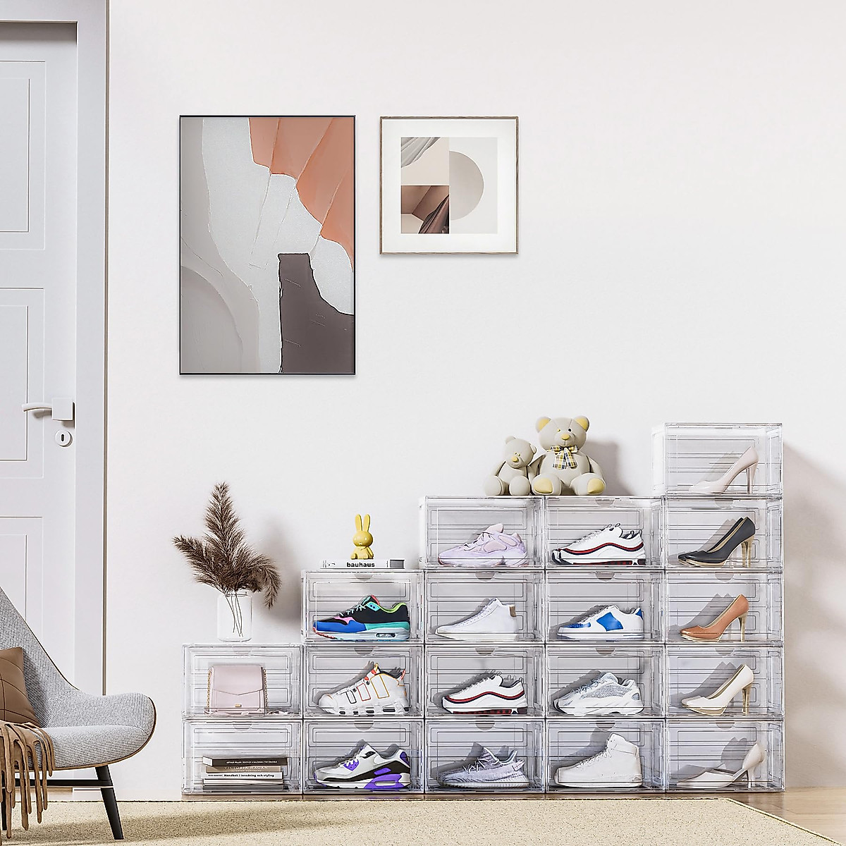 OMOPIN XL Shoe Storage Box,8 Pack Drop Side Shoe Boxes Clear Plastic Stackable,Sneaker Display Case with Magnetic Door Fit up to US 13（13.4”x 10.6”x 8.3”(8 Pack Clear)