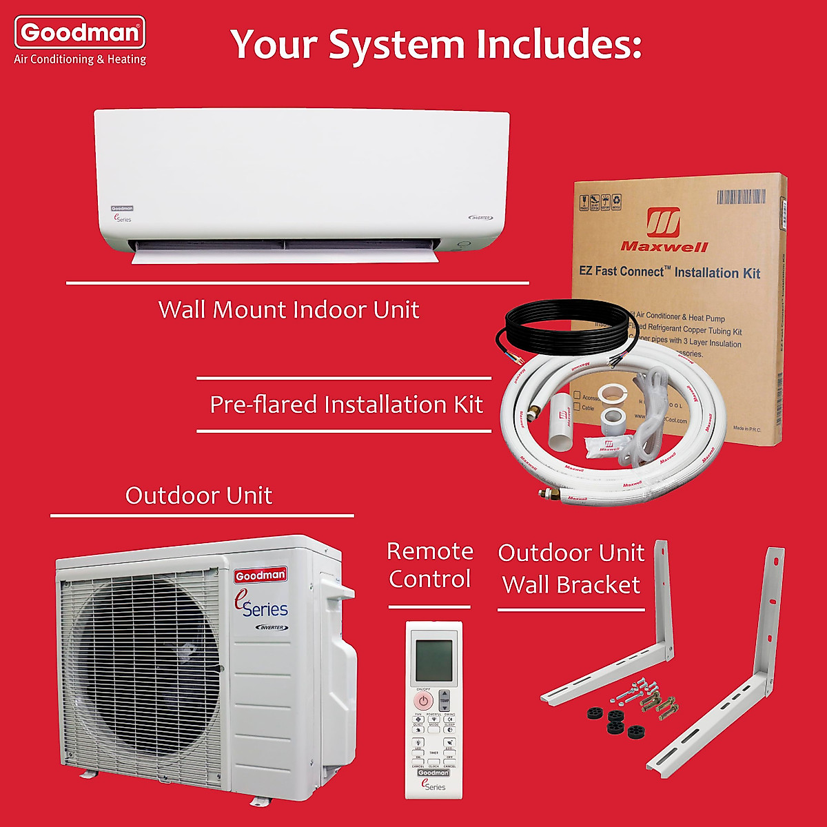 Goodman 18,000 BTU 18 SEER2 Ductless Mini Split Inverter Heat Pump System with Maxwell 15-ft Installation Kit and Wall Mounting Bracket (230v)