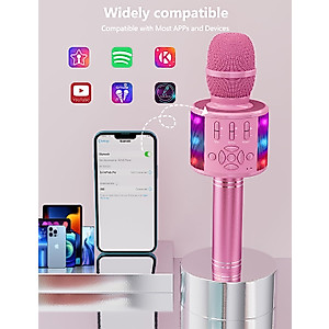 Ankuka Karaoke Microphone for Kids, Portable 4 in 1 Bluetooth Karaoke Microphone with LED Lights, Christmas Home, Birthday Party Toys Gifts for Girls, Boys and Adults(Pinkcolor)