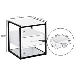 Nightstand Set of 1 with Drawer Modern Square End Side Table for Storage, Open Shelf in Bedroom, Living Room, Small Space, Stable Metal Frame, White