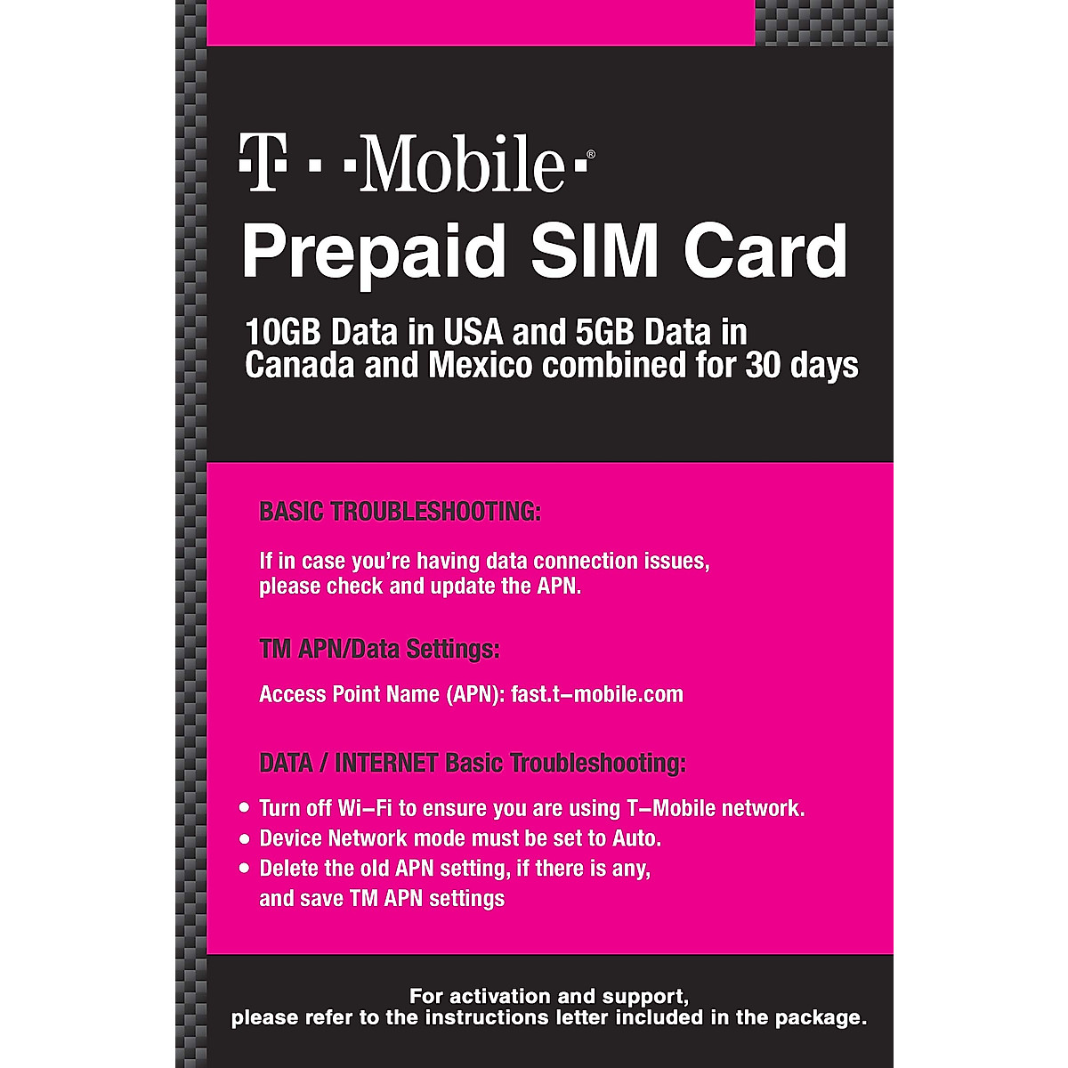 Canada, Mexico and USA Prepaid SIM Card T-Mobile 10GB 4G LTE Data in USA and 5GB Data in Canada and Mexico with Unlimited Talk and Text Among and Within Canada, Mexico and USA for 30 Days