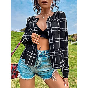 Milumia Women's Casual Plaid Ruffle Hem Open Front Long Sleeve Work Blazer Jackets Black Large